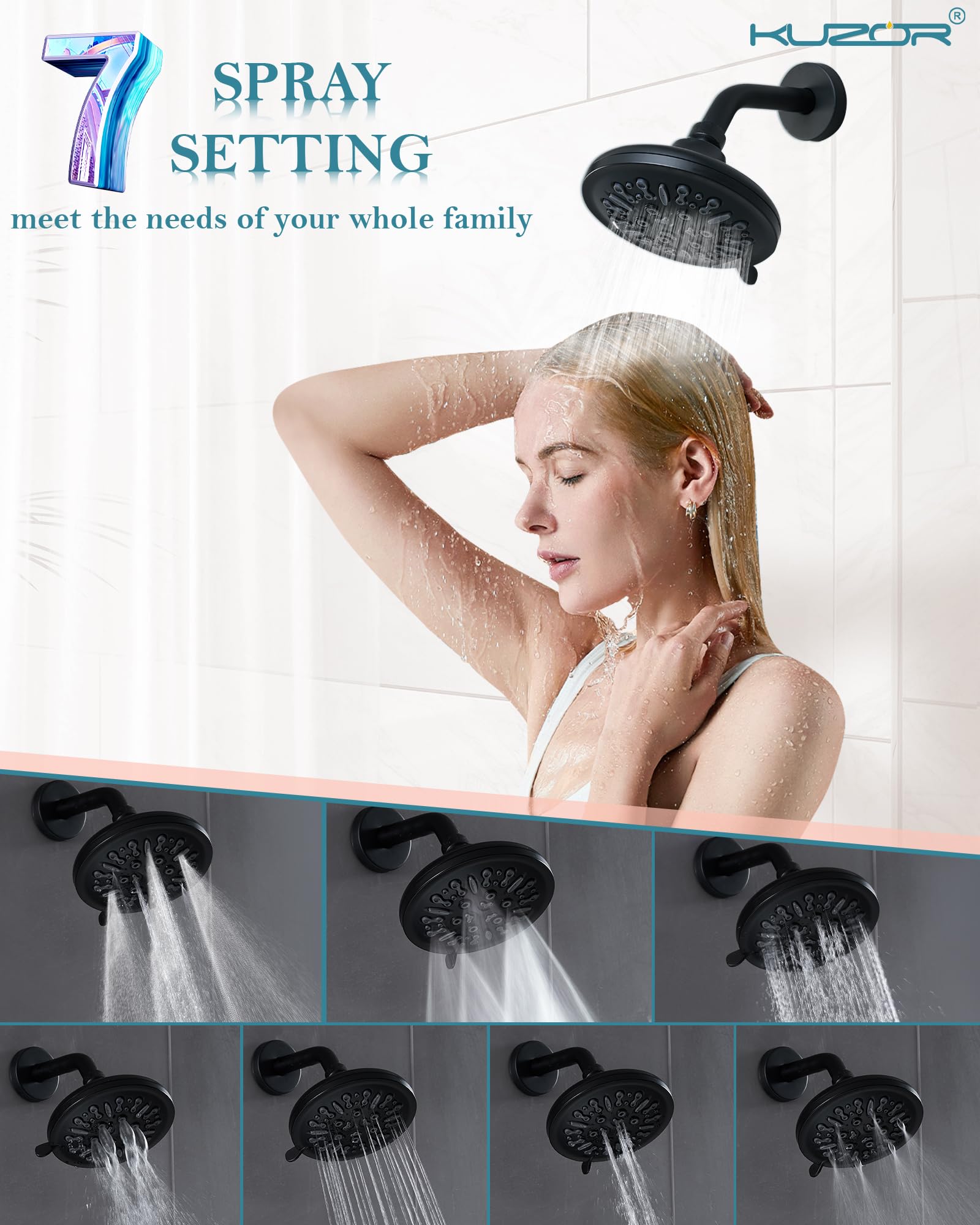 KUZOR 1PC Bathtub Shower Faucets Set, Brass With 304 Stainless Steels 5.5 inches 7 Setting Spray Shower Head, Efficient, Dense Water Flow, Anti-Scald - Bathroom/Shower Room - Matte Black
