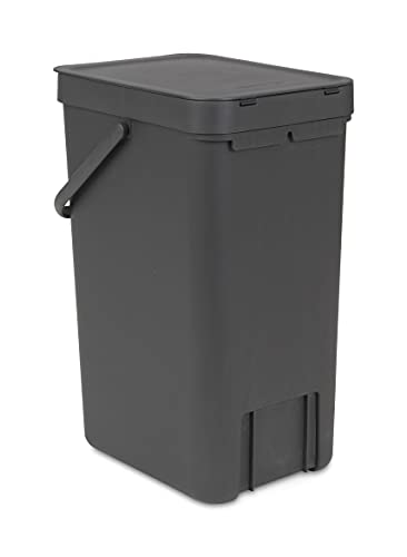 Brabantia Sort & Go Kitchen Recycling Can (4.2 Gal / Gray) Stackable Waste Organiser with Handle & Removable Lid, Wall/Cupboard Mounting
