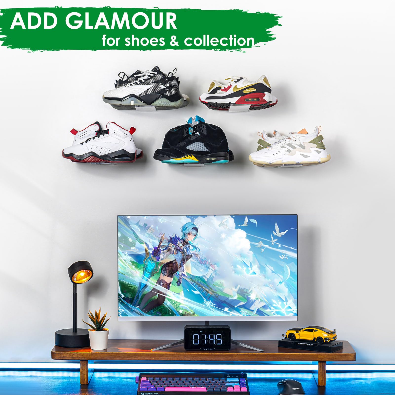 BEZONO Shoe Floating Display Shelves Wall Mount Set of 5 - Sturdy Acrylic Levitating Sneakers Shelves - Easy to Install, Display Your Top Shoes…