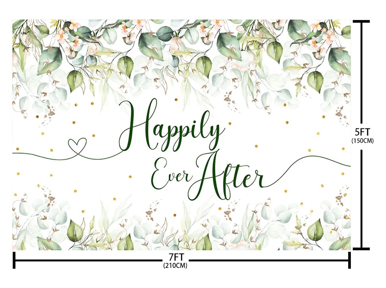 AIBIIN 7x5ft Happily Ever After Backdrop for Wedding Eucalyptus Leaves Gold Dots Photography Background Bridal Shower Wedding Party Decorations Banner Photo Props