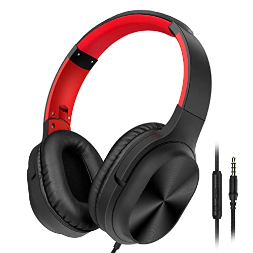 Besom On-Ear Headphones with Microphone Lightweight Folding Stereo Headset Tangle Free Cord, Wired Headphones for Cellphones Smartphone Tablet Laptop Computer MP3/4 (Red)