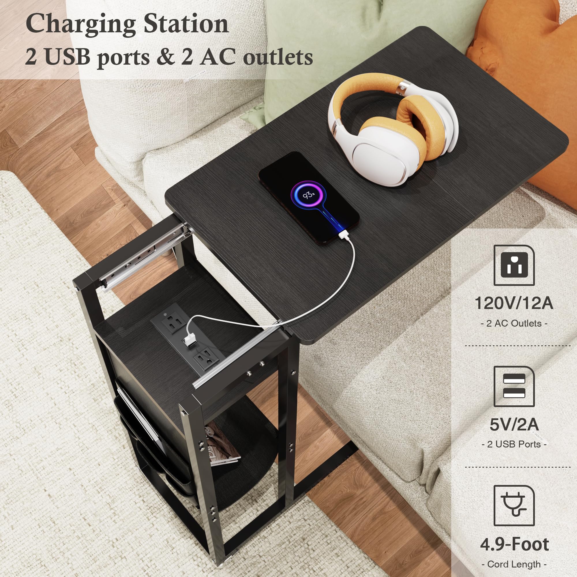 Colima C Shaped Slide Cover End Table with Charging Station, Narrow Sofa Side Table with USB Port and Wheels, Couch Table Bedside Table with Storage Bags for Office Living Room Bedroom Black