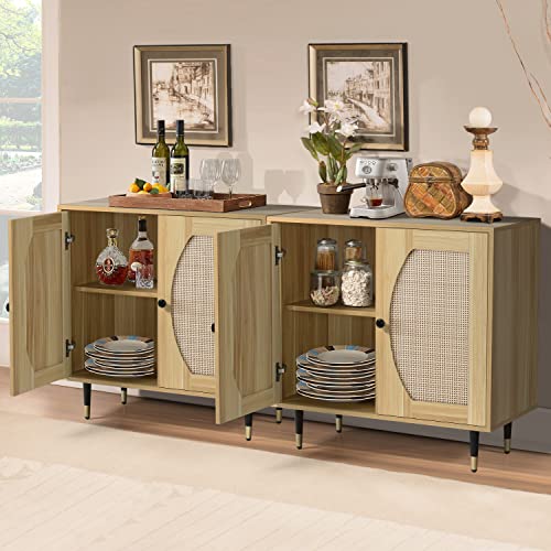 4ever2buy Rattan Buffet Cabinet Sideboard with Storage, Kitchen Accent Cabinet with Woven Natural Rattan Doors, Entryway Cabinet with Adjustable Shelves,Console Tables for Living Bedroom Dining Room