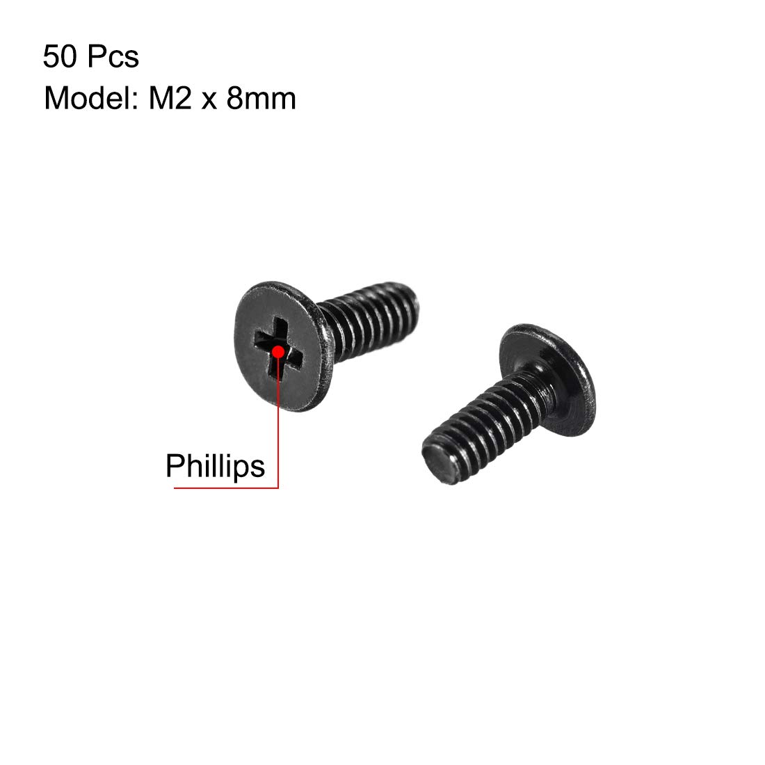 uxcell M2x8mm Phillips Screw Fastener Black 3.8mm Dia Screw Head for Laptop PC TV Fan Switch 50pcs