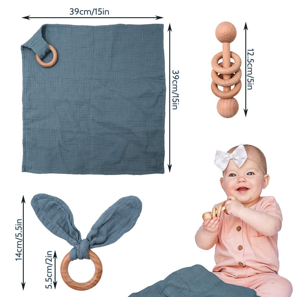 Baby Lovey, Wood Rattle, Teether Ring, 3 Pack Montessori Gift, Gray, Cotton, Double Gauze, Baby Shower, Gender Neutral Gift