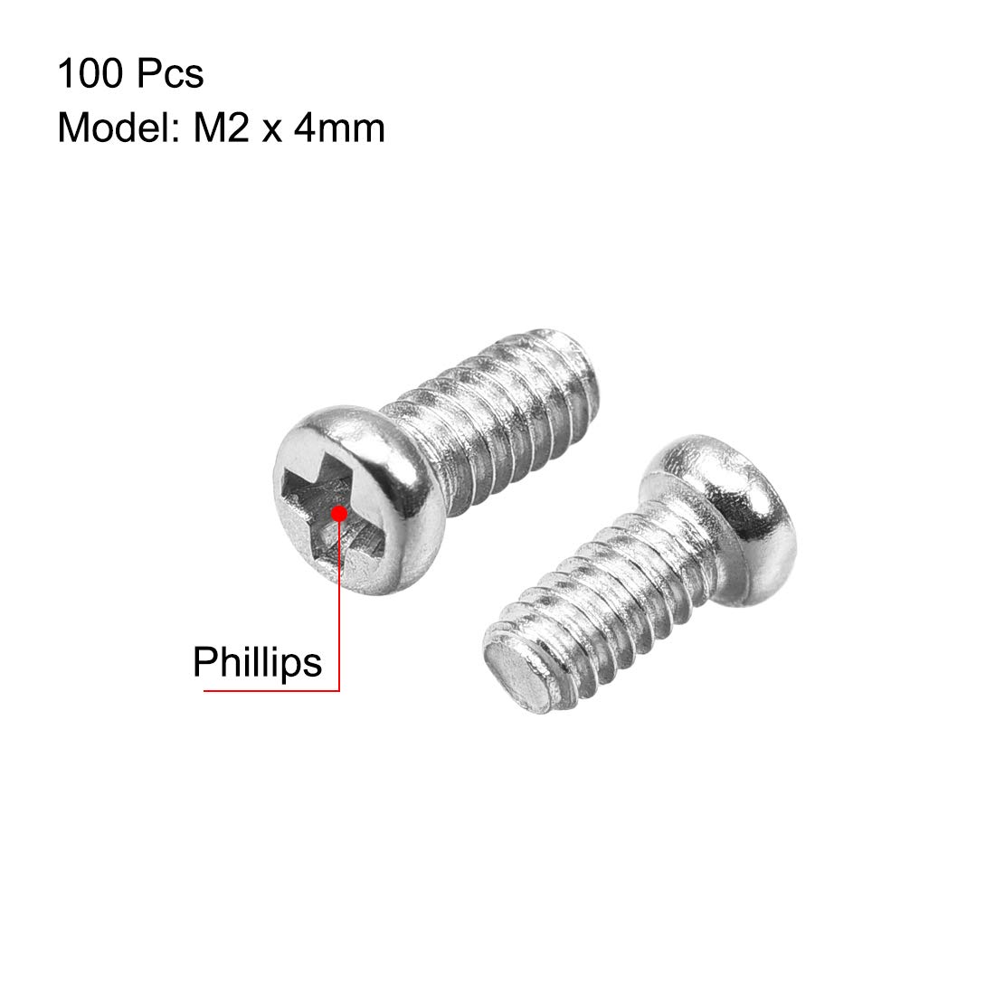 uxcell M2x4mm Phillips Screw Fastener Silver Tone 2.8mm Dia Screw Head for Laptop PC TV Fan Audio Switch 100pcs