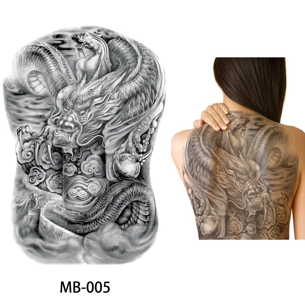 Glaryyears Super Large Full Back Covered Temporary Tattoo, 3 Pack Big Fake Realistic Tattoos Stickers for Adults Women Men, Scary Fierce Dragon Tiger Design