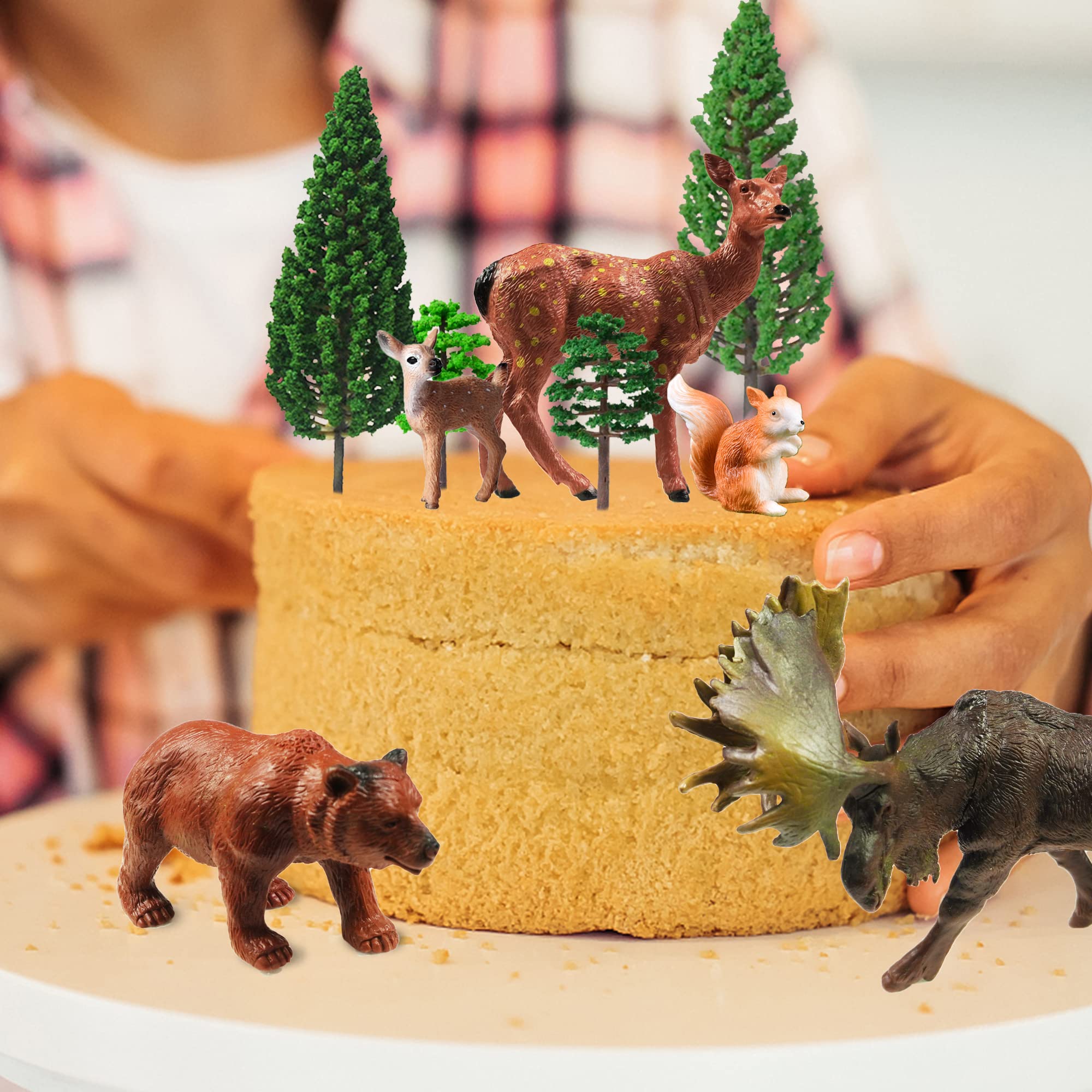 40 PCS Woodland Animals Figures Model Trees, 5 Pcs Animal Toy Figurines and 35 Pcs Mixed Plastic Trees Forest for Woodland Cake Toppers Decorations Birthday Party Supplies