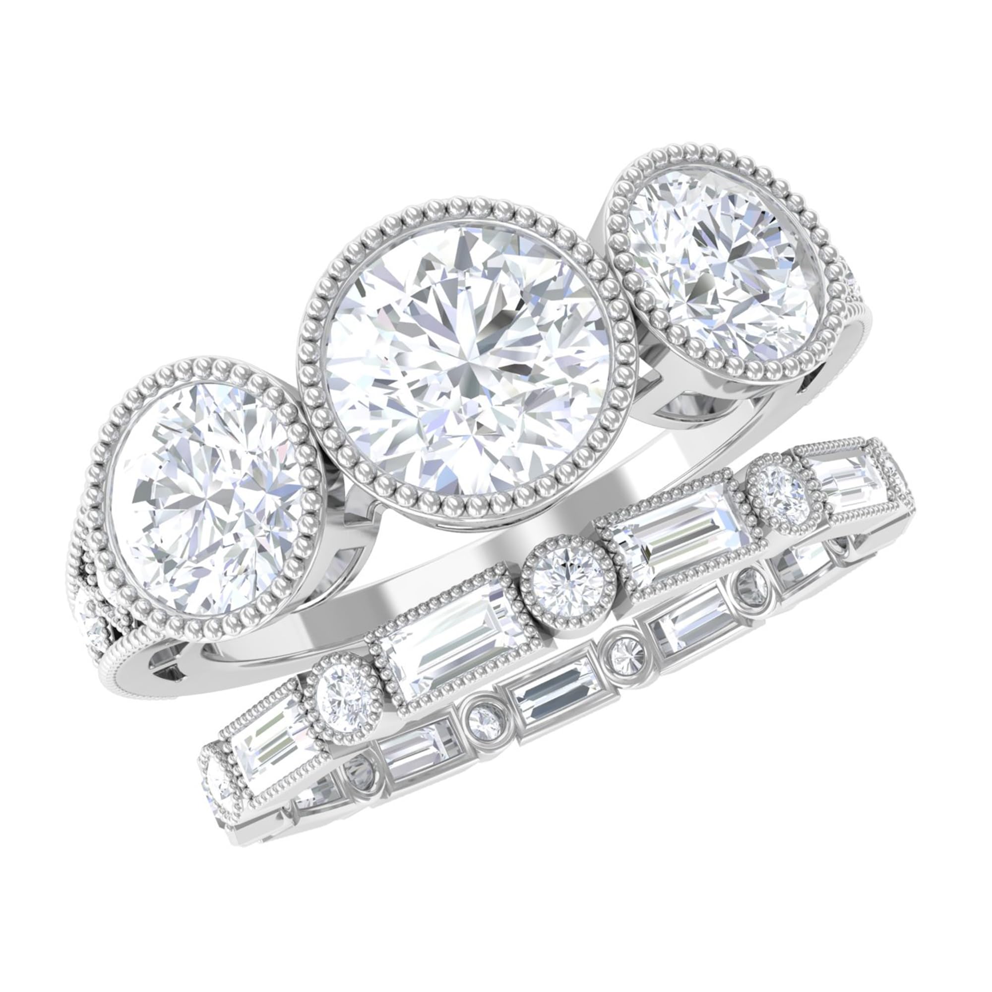 3.25 CT Moissanite Wedding Ring Set, Three Stone Moissanite Ring Set for Women, Gold Moissanite Bridal Ring Set, Certified Moissanite Ring Set, 14K White Gold, Size:US 9.00