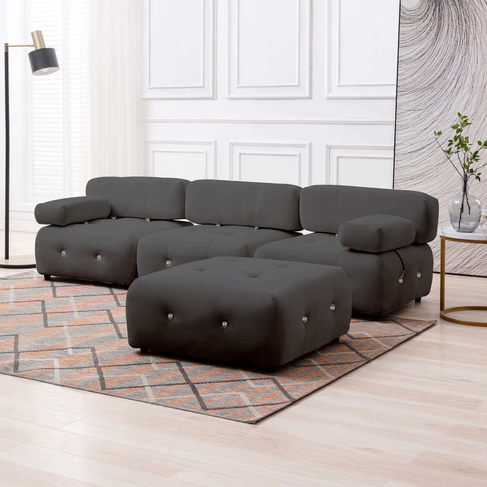 Mjkone Modular Sectional Sofa with Reversible Chaise, Velvet L Shaped Cloud Couch with Reversible Ottoman, 4 Seater Couch Button Tufted Designed, DIY Combination Sofa for Living Room, Dark Grey