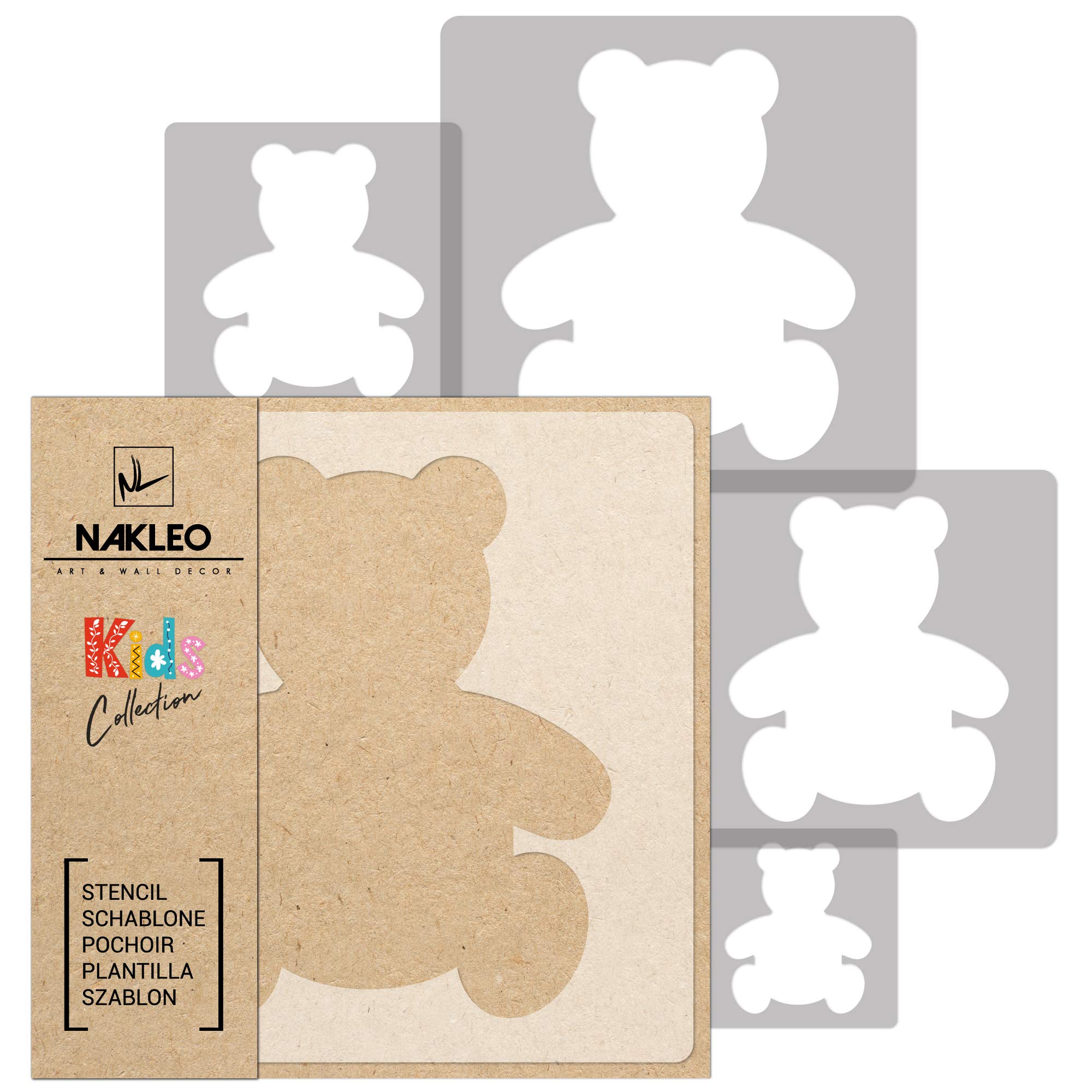 NAKLEO 5 pcs Reusable Plastic Stencils - Teddy Bear Plush - 13.4" to 3.5" - Pattern Children Kids Painting Template Room Decor - Craft DIY Wall Furniture