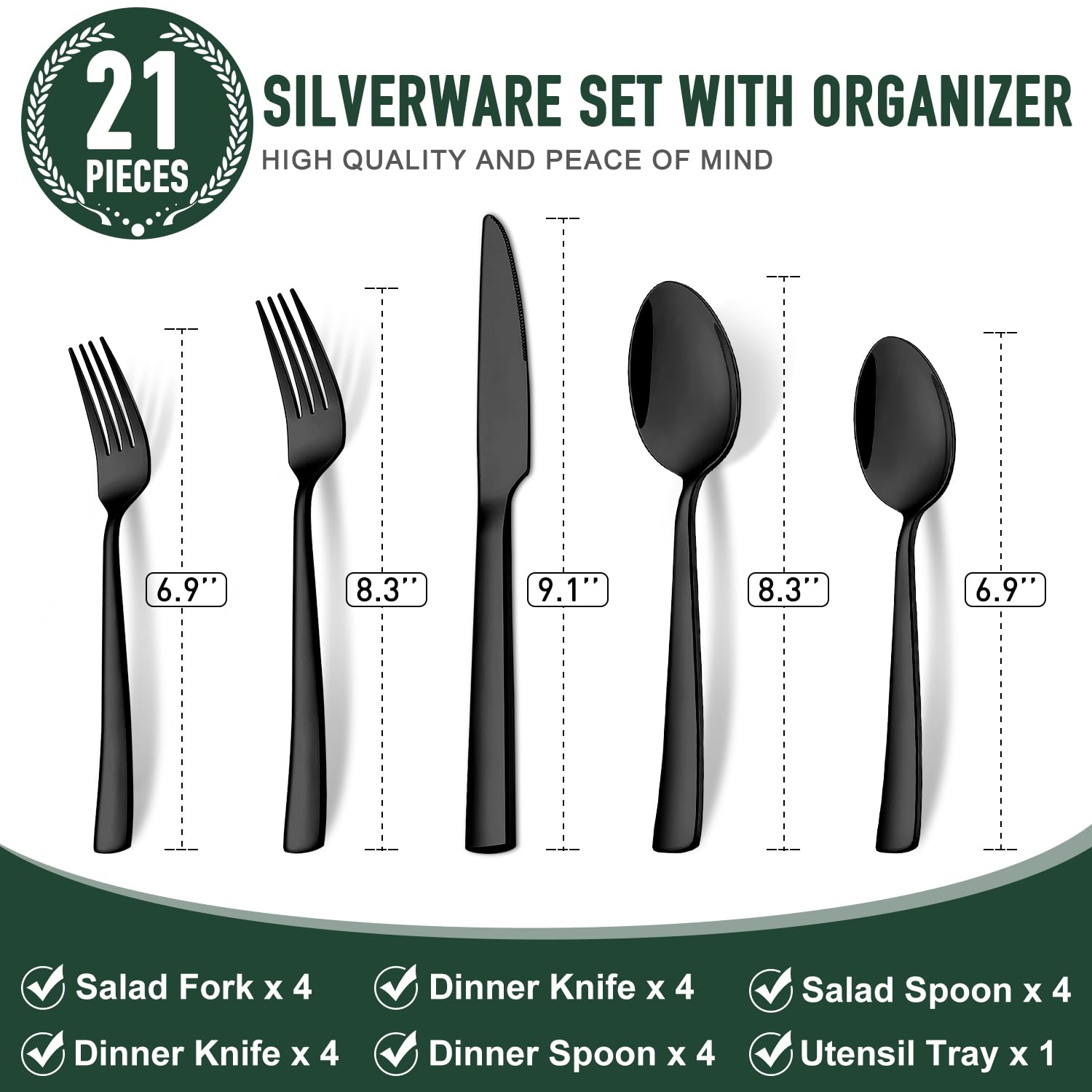 21-Piece Black Silverware Set with Organizer Tray Stainless Steel Cutlery Utensil Set Kitchen Spoons and Forks Set Tableware Set Heavy Duty Flatware Set Service for 4 Forks Spoons and Knives Set