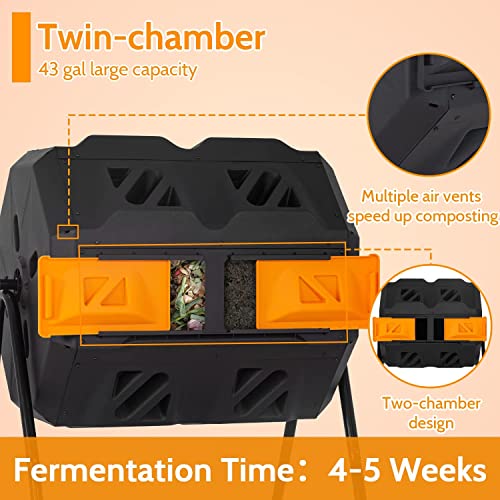 43 Gallon Compost Bin Outdoor Compost Tumbler Outdoor Composting Bin with Dual Chamber Sliding Doors, Tumbling Composter Outdoor, Manual Tiller Composters Tumbling or Rotating Outdoor