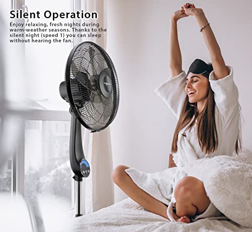 Air Monster 16" 5-Blade, 5 Speed Adjustable Height Ultra Powerful Quiet Oscillating Standing Pedestal Fan with Remote Control, 7.5 Hour Timer, Stand Fan for Bedroom, Black