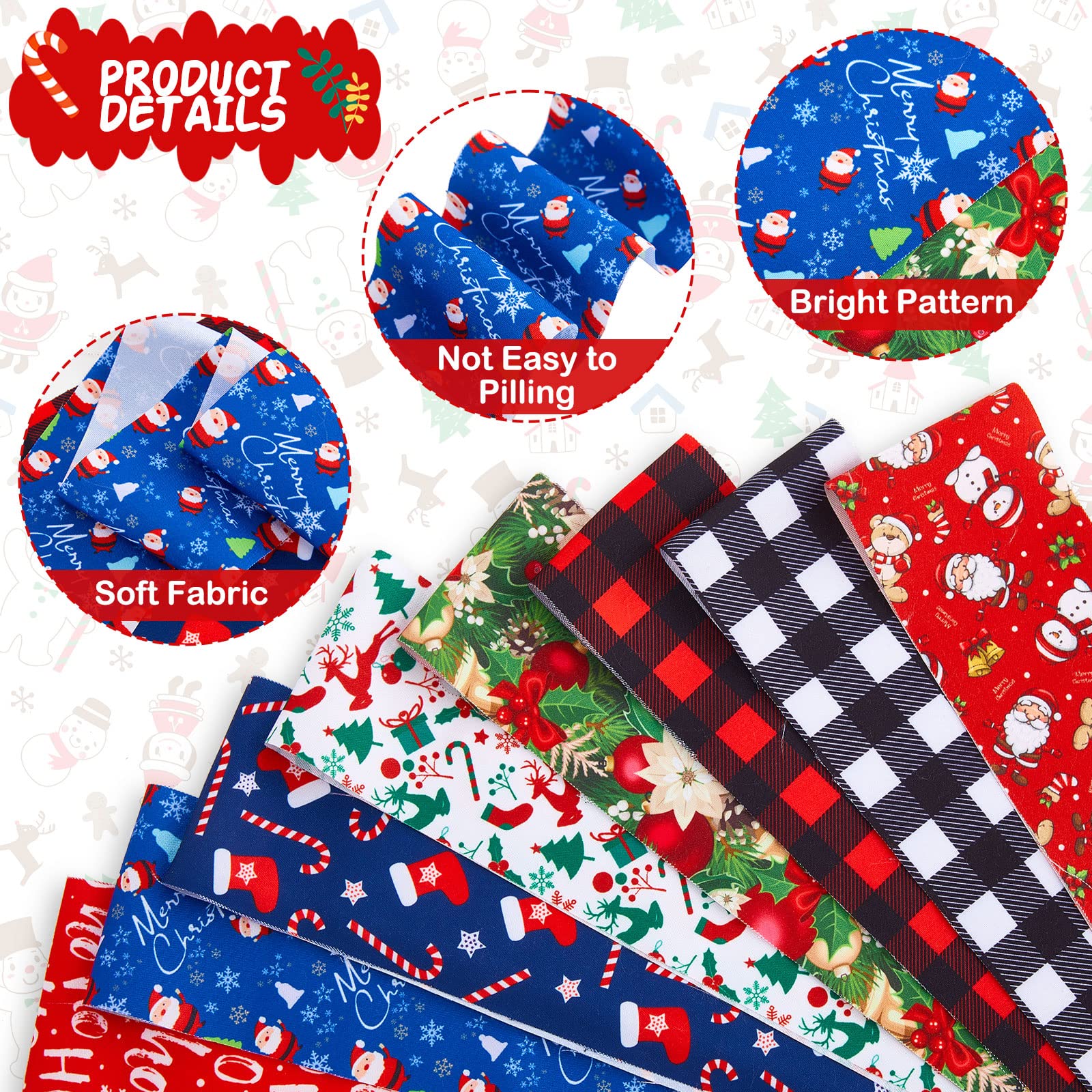 40 Pieces Christmas Jelly Fabric 2.6 x 40" Christmas Tree Santa Pattern Precut Fabric Quilting Strips Roll up Patchwork Cotton Fabric for Xmas DIY Sewing Handmade, 8 Styles