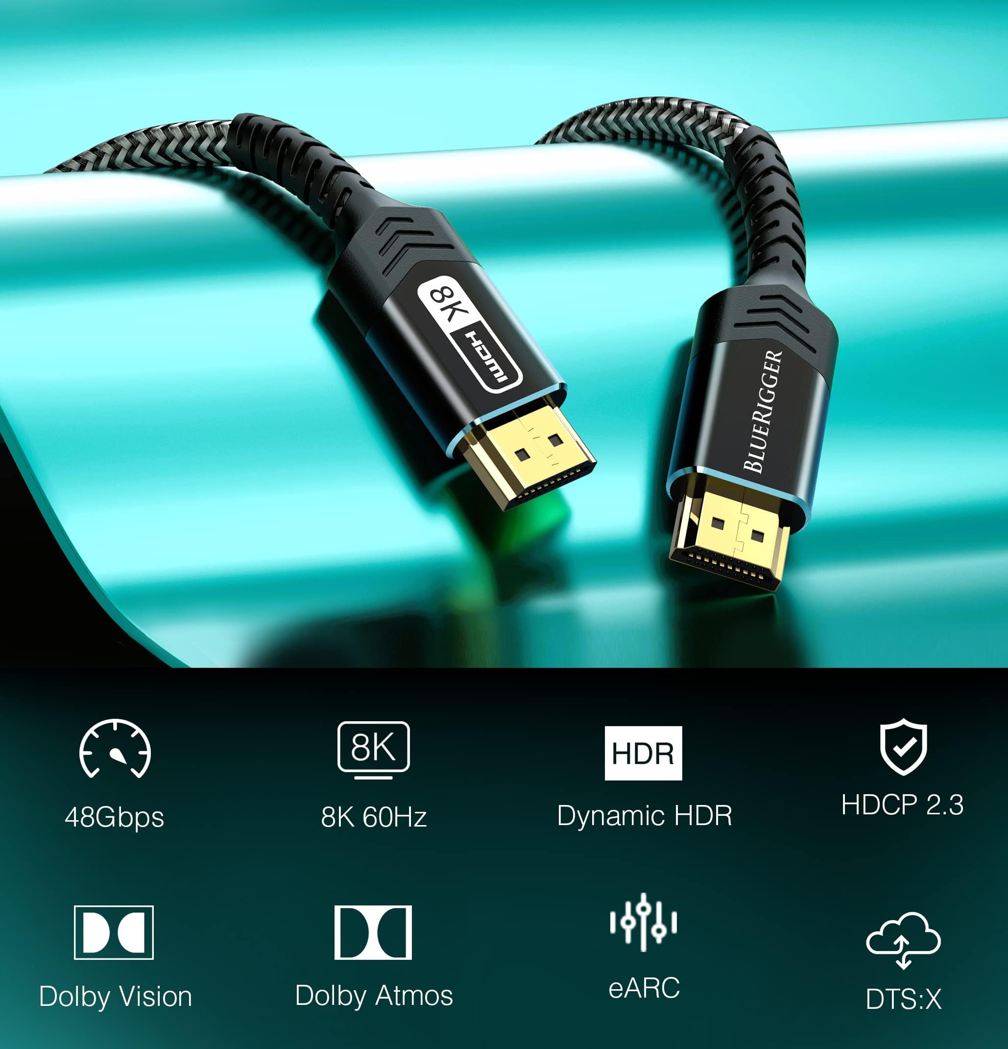BlueRigger Certified 10K 8K HDMI Cable - 6FT (8K 60Hz Ultra HD, 48Gbps High Speed, eARC, HDR10, 4:4:4, HDCP 2.3) - Compatible with Game Consoles, HDTV, Apple TV, Monitor, Blu-Ray