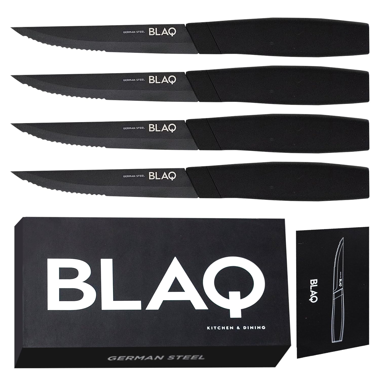 BLAQ Steak Knives Set of 4, German Stainless Steel Serrated Steak Knives with Ergonomic Handles - Dishwasher Safe Steak Knife Set - High Carbon Matte Black Steak Knives with Gift Box