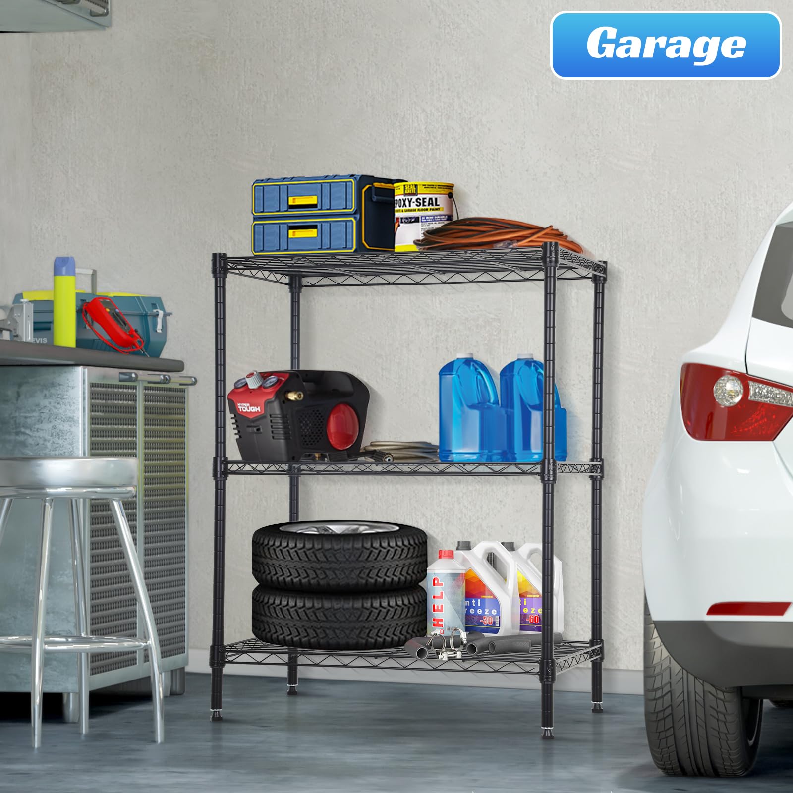 3 Tier Steel Wire Shelving,Adjustable Utility Metal Shelves for Storage,Storage Shelves Heavy Duty with Leveling Feet for Kitchen,Garage,Pantry,Clothset,100ps Per Shelf,Black,(23 x 13.2 x 30.2 inches)