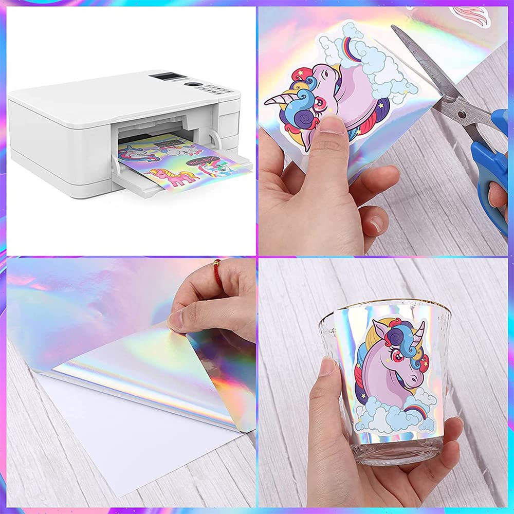 20 Sheets Holographic Sticker Paper for Inkjet Printer & Laser Printer US letter size Holographic Printable Vinyl Rainbow Sticker Printer Paper Adhesive Waterproof Vinyl (8.25 x 11.7 Inch)