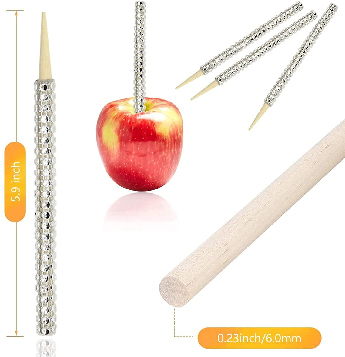 32 PCS Bling Candy Apple Bamboo Sticks, Caramel Apple Wooden Pointed Skewers with Rhinestones Diamond Mesh Wrap, Fruit Treats Pop Dec Bar for Dessert Table Tea Party Birthday Wedding (Silver)