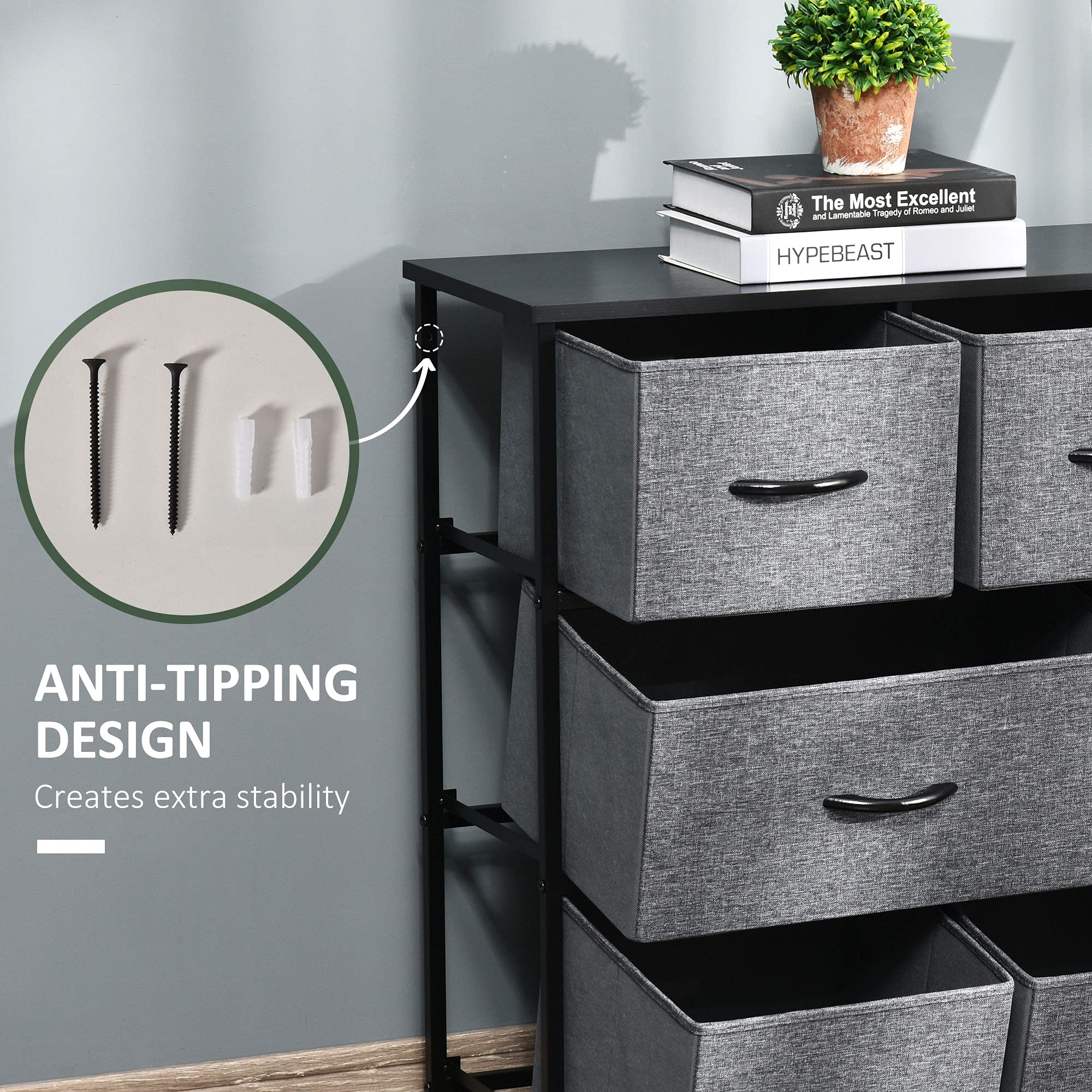 HOMCOM 8-Drawer Dresser, 3-Tier Fabric Chest of Drawers, Storage Tower Organizer Unit with Steel Frame for Bedroom, Hallway, Dark Gray