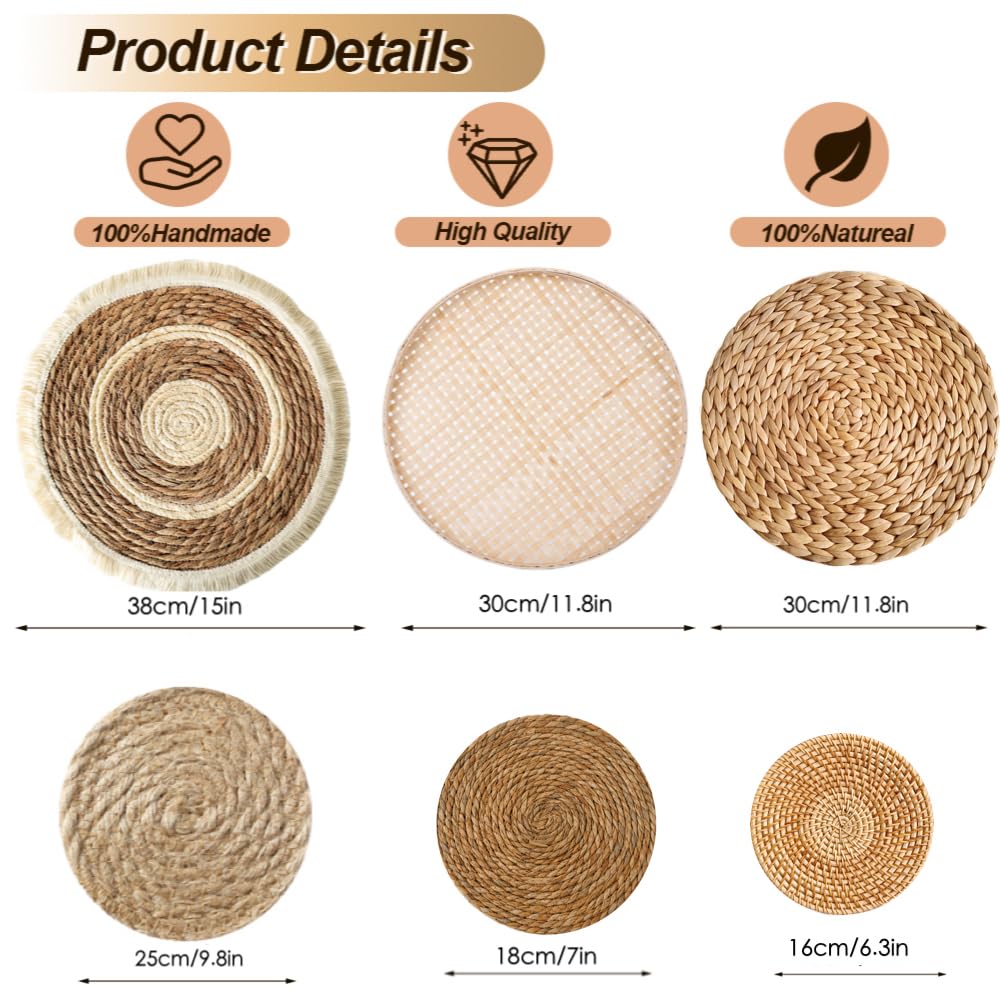 ALYBSOO Boho Wall Basket Decor set of 7, Woven Seagrass Wicker Rattan Flat Baskets Wall Hanging Decor, Handmade African Round Wall Baskets Decor, for Living Rooms, Bedrooms