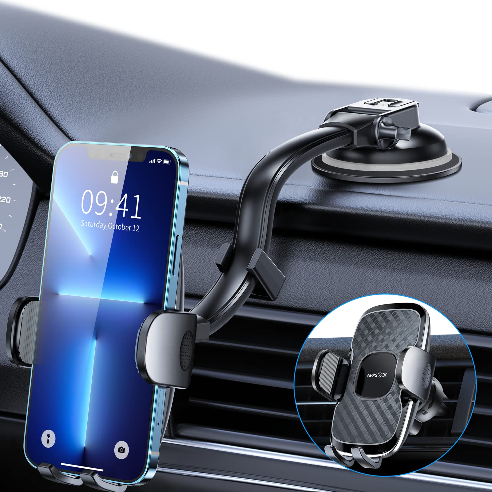 APPS2Car Car Phone Holder Mount, Universal 3-in-1 Dashboard/Windshield/Air Vent Cell Phone Holder, [Stronger Suction & Anti-Shake Stabilizer] Gooseneck Truck Phone Mount Compatible with iPhone