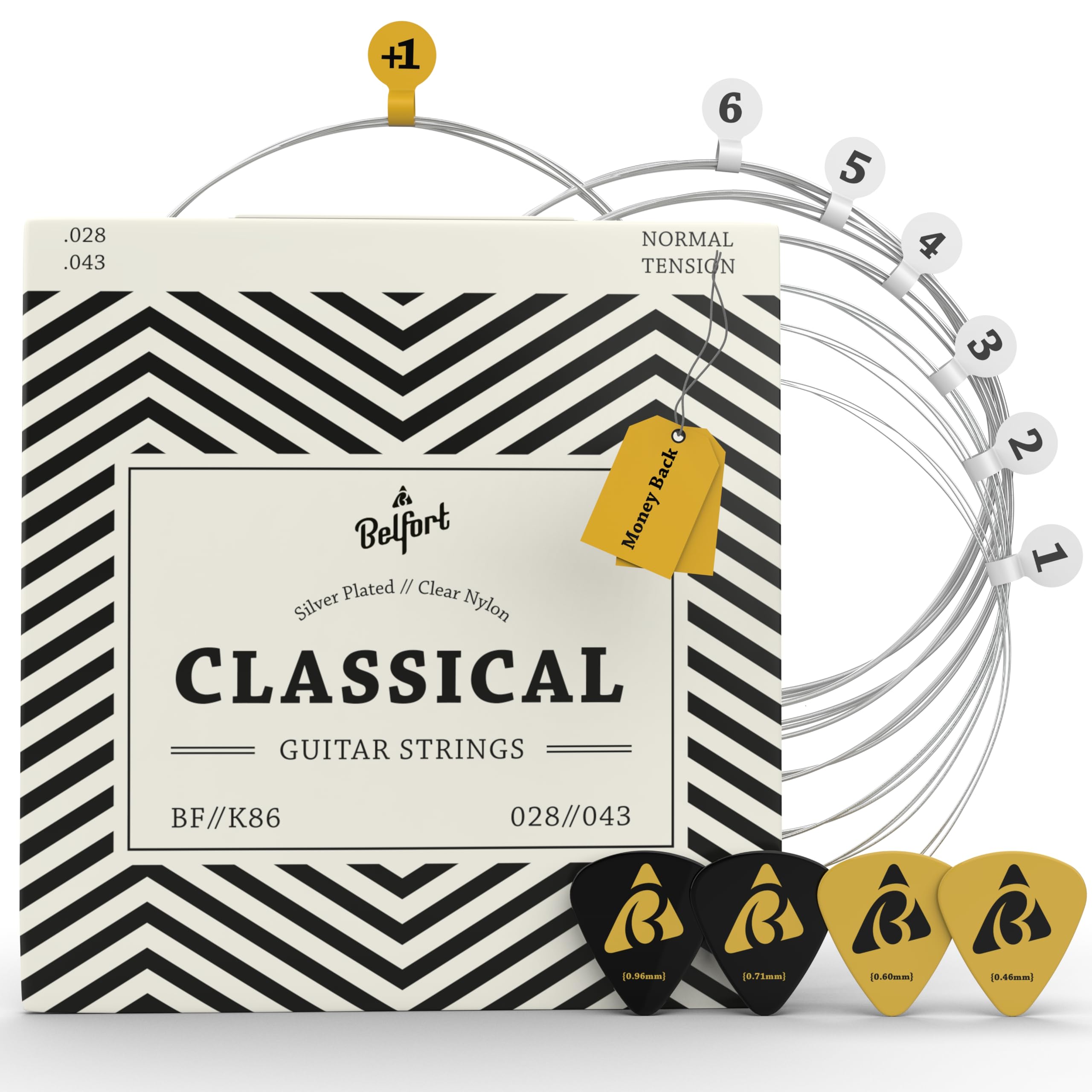 BELFORT® guitar strings classical guitar, strings for classical guitar made of nylon and silver, acoustic guitar (6-string set) - Incl. 4 picks + extra high E-string (028//043) (028//043)