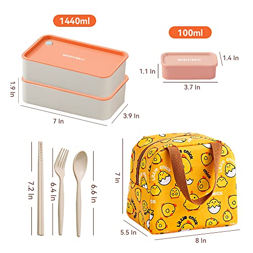 ArderLive Stackable Lunch Bento Box with Bag and Utensils, Microwave Safe, BPA-Free Eco-Friendly Lunch Containers for Adults Japanese, Orange Denim Bag with Bonus Dip Container