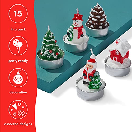 THE TWIDDLERS 15 Mini Christmas Unscented Tea Light Candles in 5 Assorted Designs (Xmas Tree, Santa, Snowman, Pinecone, Festive Home) 2.5 Hours Ideal for Home Decor, Dinner Tablle, Parties