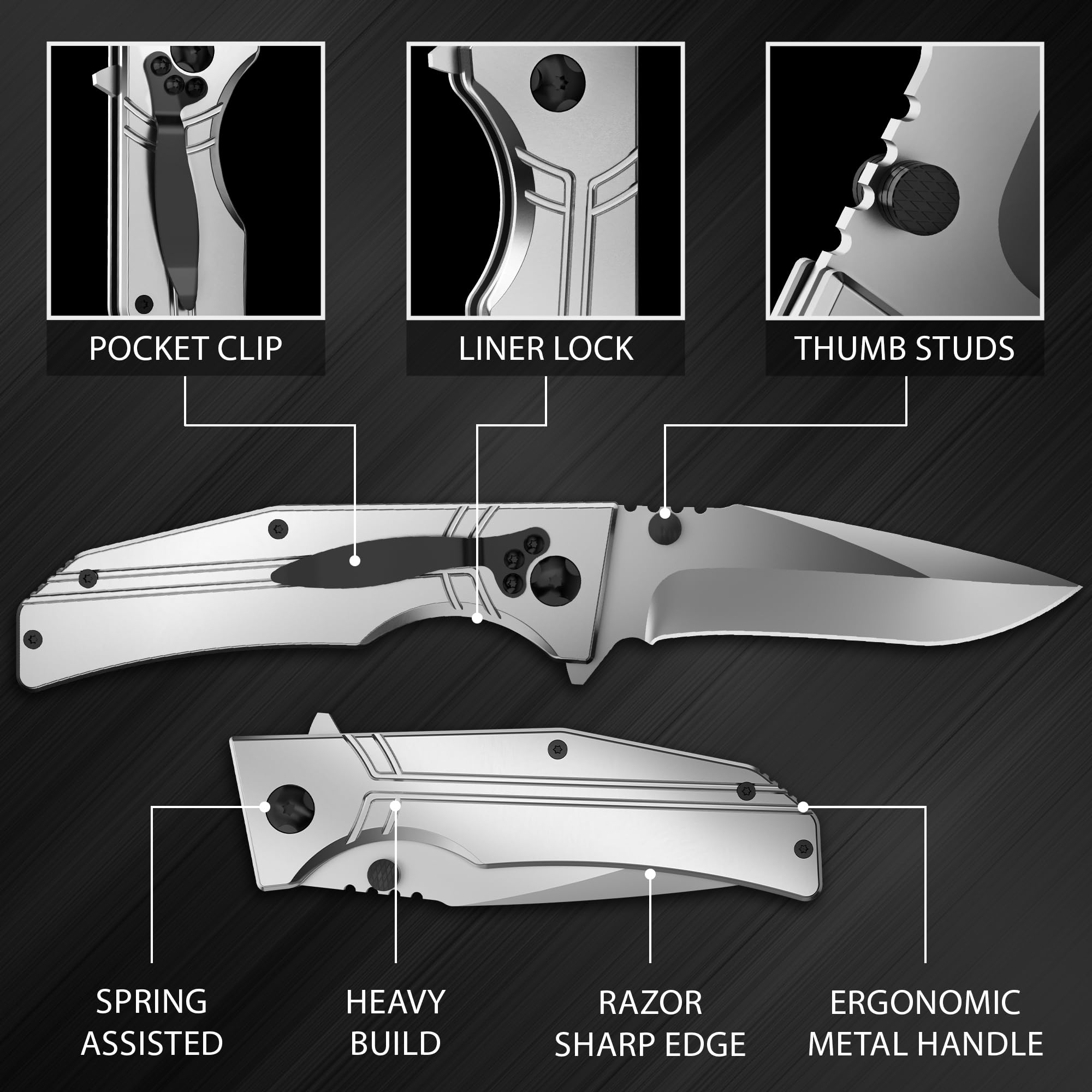 3.5" Blade Pocket Knife - Sharp Folding Knives for Men Women - Tactical Survival Camping Hunting Knofe - Gray EDC Knife with Pocket Clip - Gift for Men - Stocking Stuffers 140106