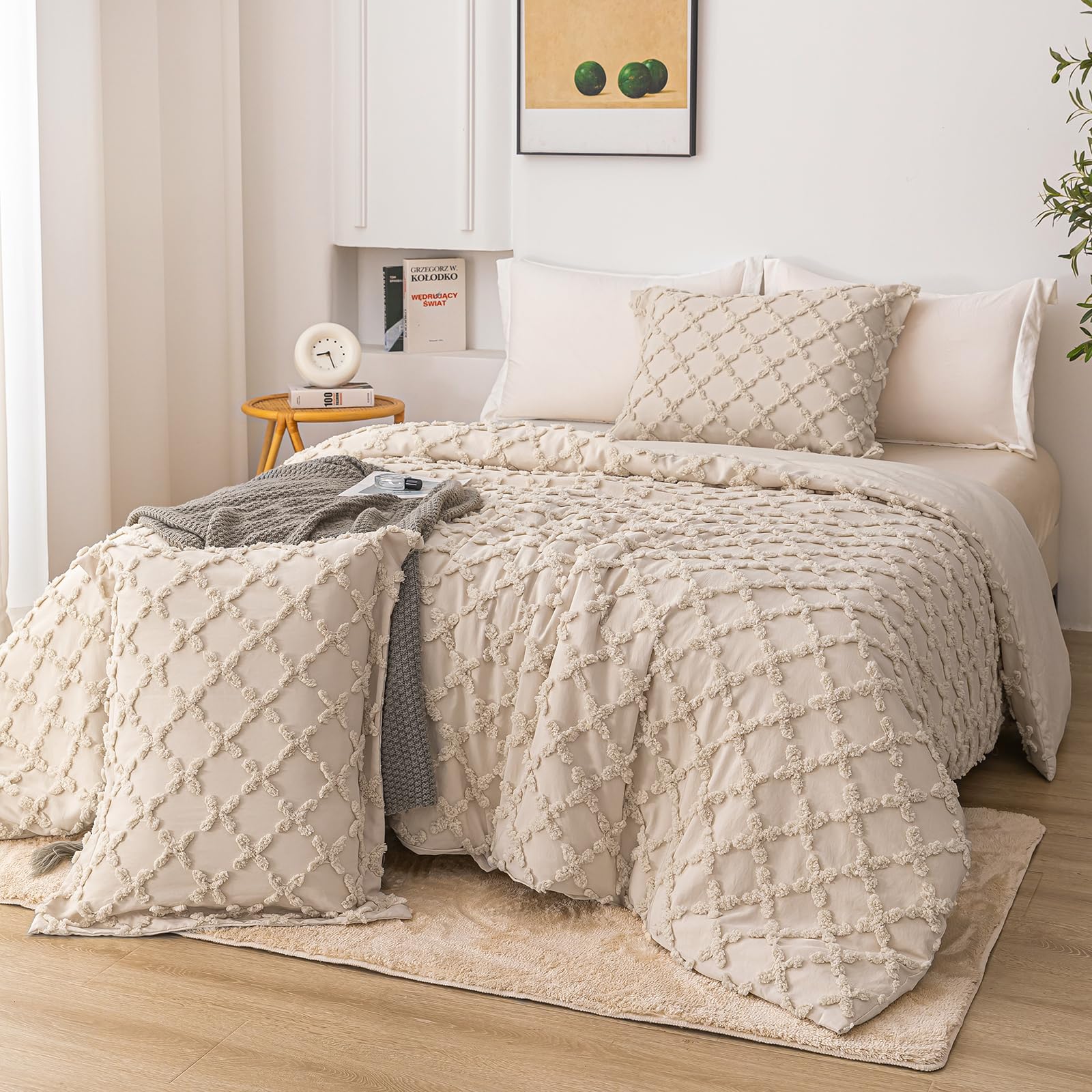 MILDLY Boho Duvet Cover King Size, 3 Pieces Shabby Chic Khaki King Size Comforter Cover for Home, Soft Tufted Duvet Cover with Corner Ties & Zipper Closure-No Comforter