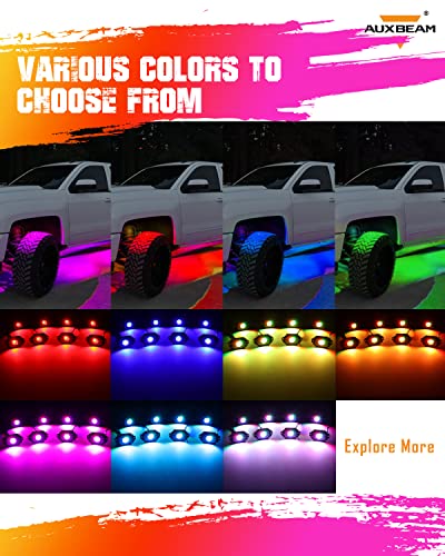 Auxbeam 8 Pods RGB LED Rock Lights + 3FT RGB LED Lighted Whips w/Brake & Turn Signal Light 2Pcs, Bluetooth Multicolor Neon Accent Lights for ATV UTV SUV Trucks Boat