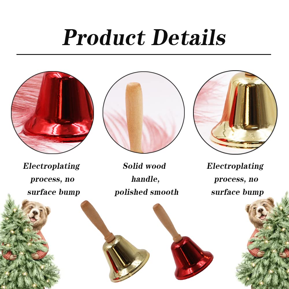 2Pcs Hand Bell - Hand Call Bell Christmas Bells with Handle for Kids and Adults, Hand Bells for Sporting Events Wedding Classroom Church Service and Game (Gold&Red)