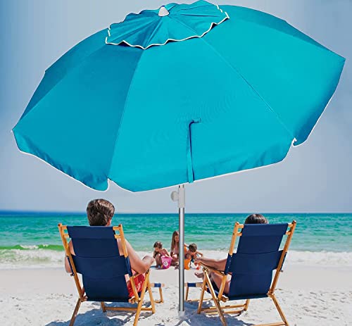 AMMSUN 6.5ft twice folded compact Portable beach umbrella with sand anchor windproof, Push Button Tilt Air vent UV 50+ Protection Fits in a large Suitcase for travel Patio Garden Pool Backyard Sky Blue