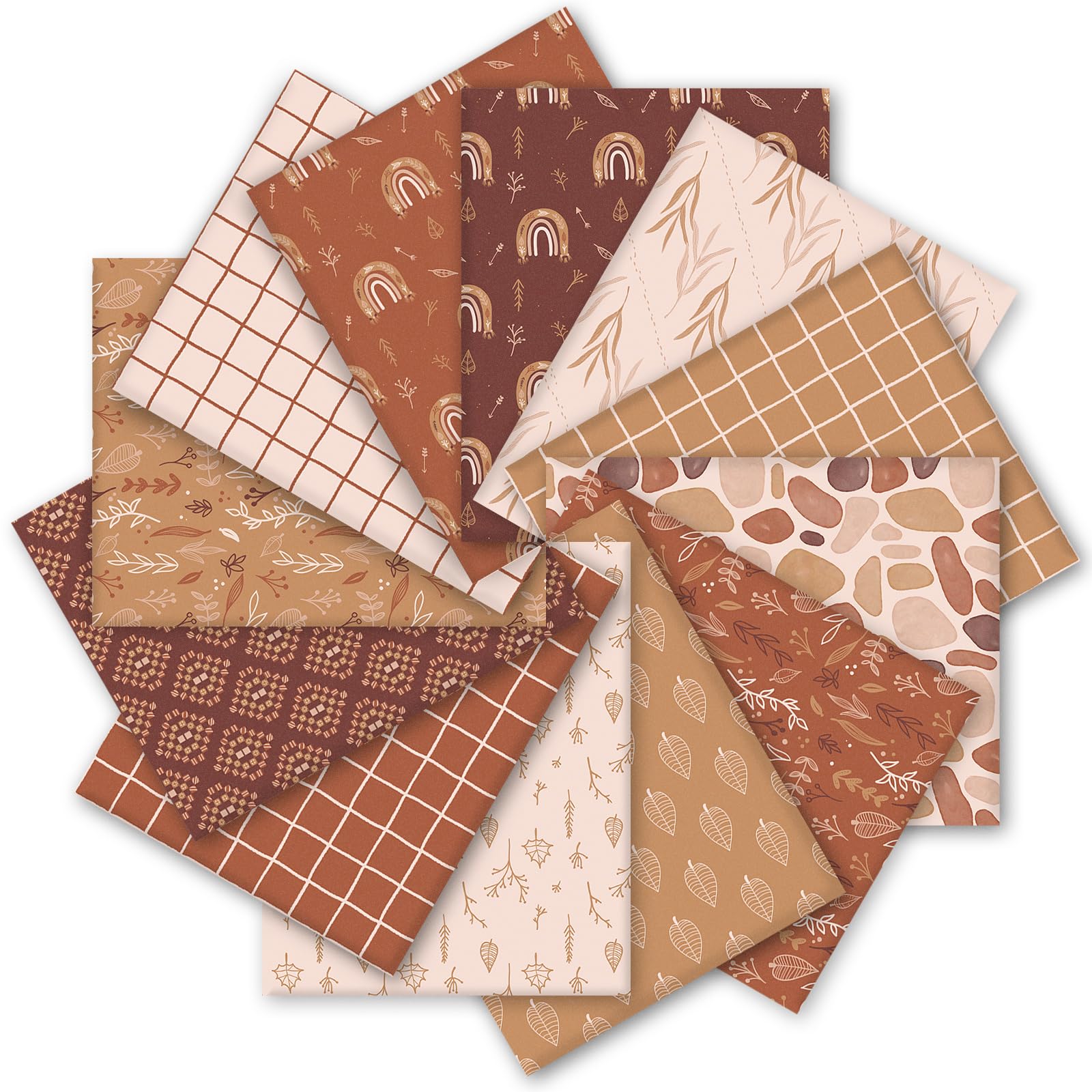 Whaline Terracotta Boho Cotton Fabric Bundles Fall Maple Leaf Plaid Rainbow Printed Fat Quarters Autumn Sewing Fabrics for DIY Handmade Crafting, 18 x 22 Inch