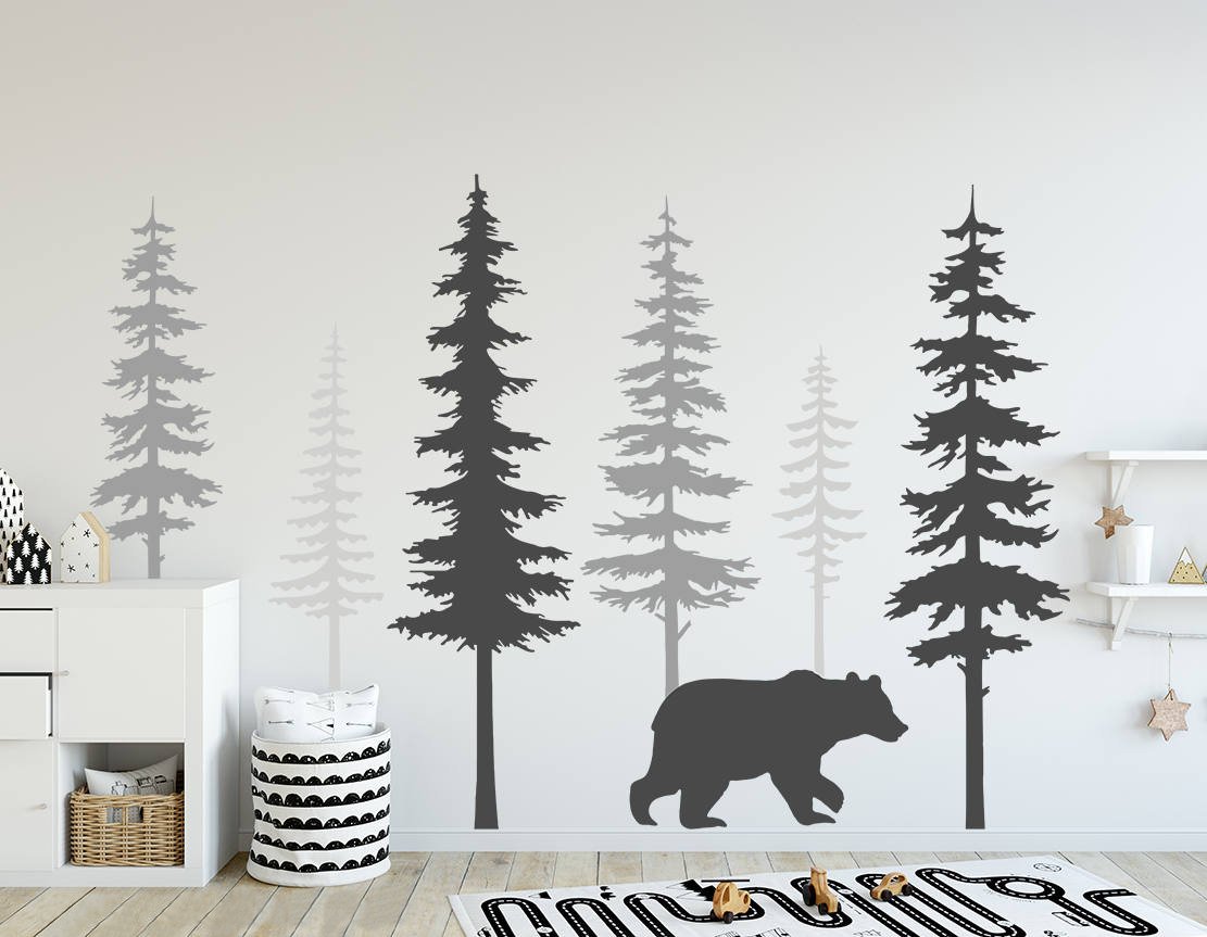 N.SunForest Nursery Wall Decals Pine Tree Stickers with Large Bear Removable Wall Mural Stickers Nursery Tree Art Nature Decals for Kid's Room Bedroom Home Decoration