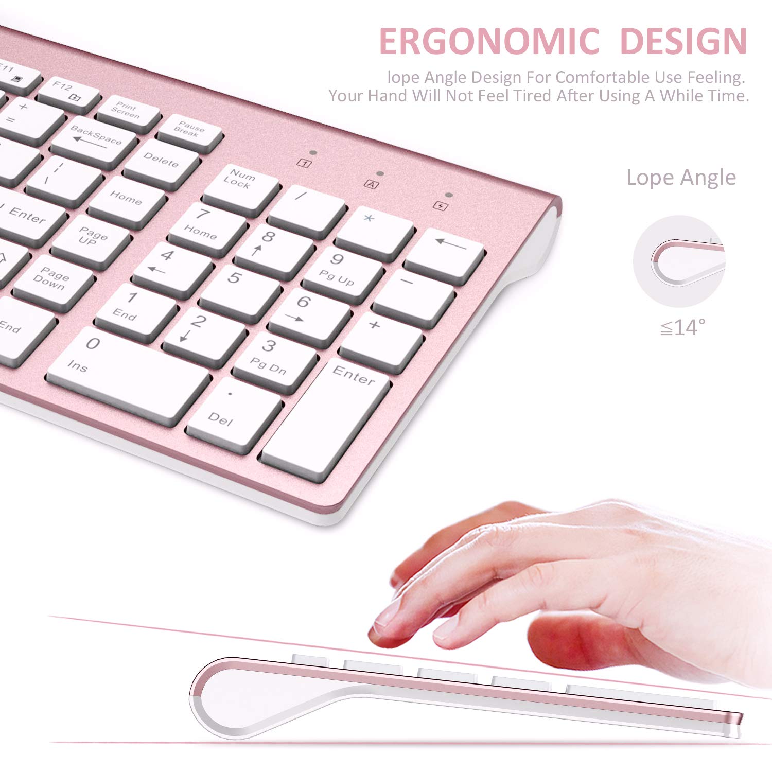 Wireless Keyboard and Mouse, FENIFOX Full-Size Whisper-Quiet Compact Compatible with Mac PC Laptop Tablet Notebook Windows - Rose Gold Pink