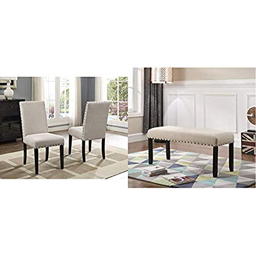 Roundhill Furniture Biony Tan Fabric Dining Chairs with Nailhead Trim, Set of 2 & Biony Fabric Dining Bench with Nailhead Trim, Tan
