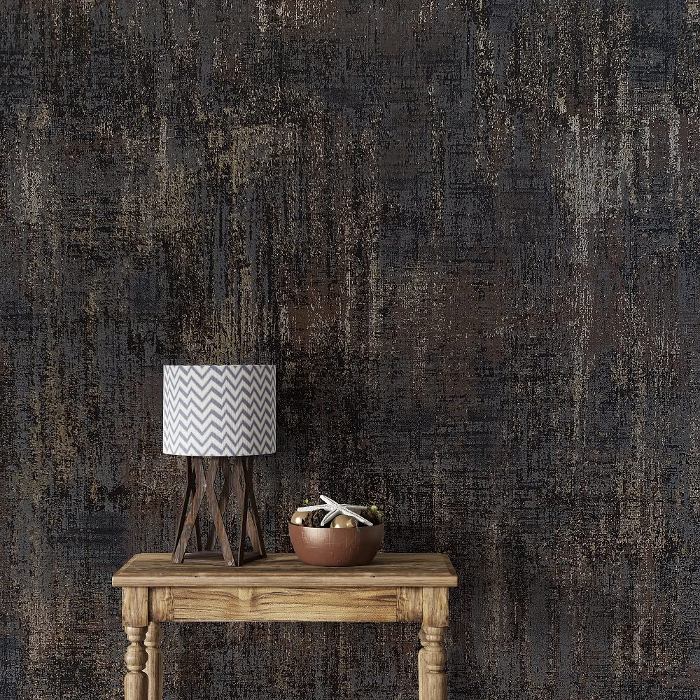 AM1NAH Distressed Wallpaper Industrial Metallic Wall Paper Non-Woven, 20.80'' X 393.00'', Charcoal & Gold