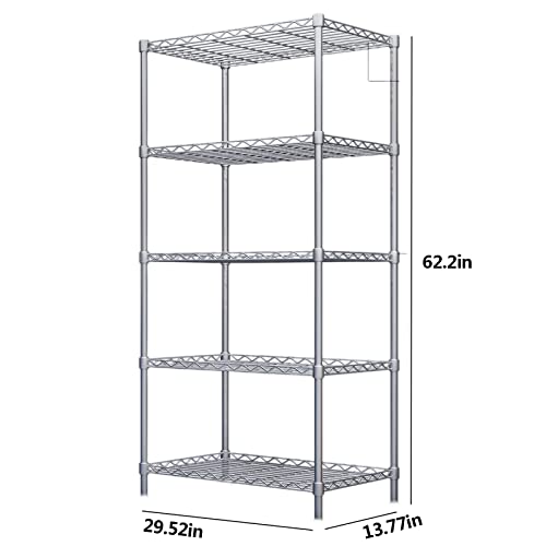 INGIORDAR 5-Shelf Metal Shelving Storage Unit with Adjustable Legs Wire Organizer Rack for Bathroom Kitchen Garage,(Silver,29.5 "L x 13.8" W x 62.2 "H)