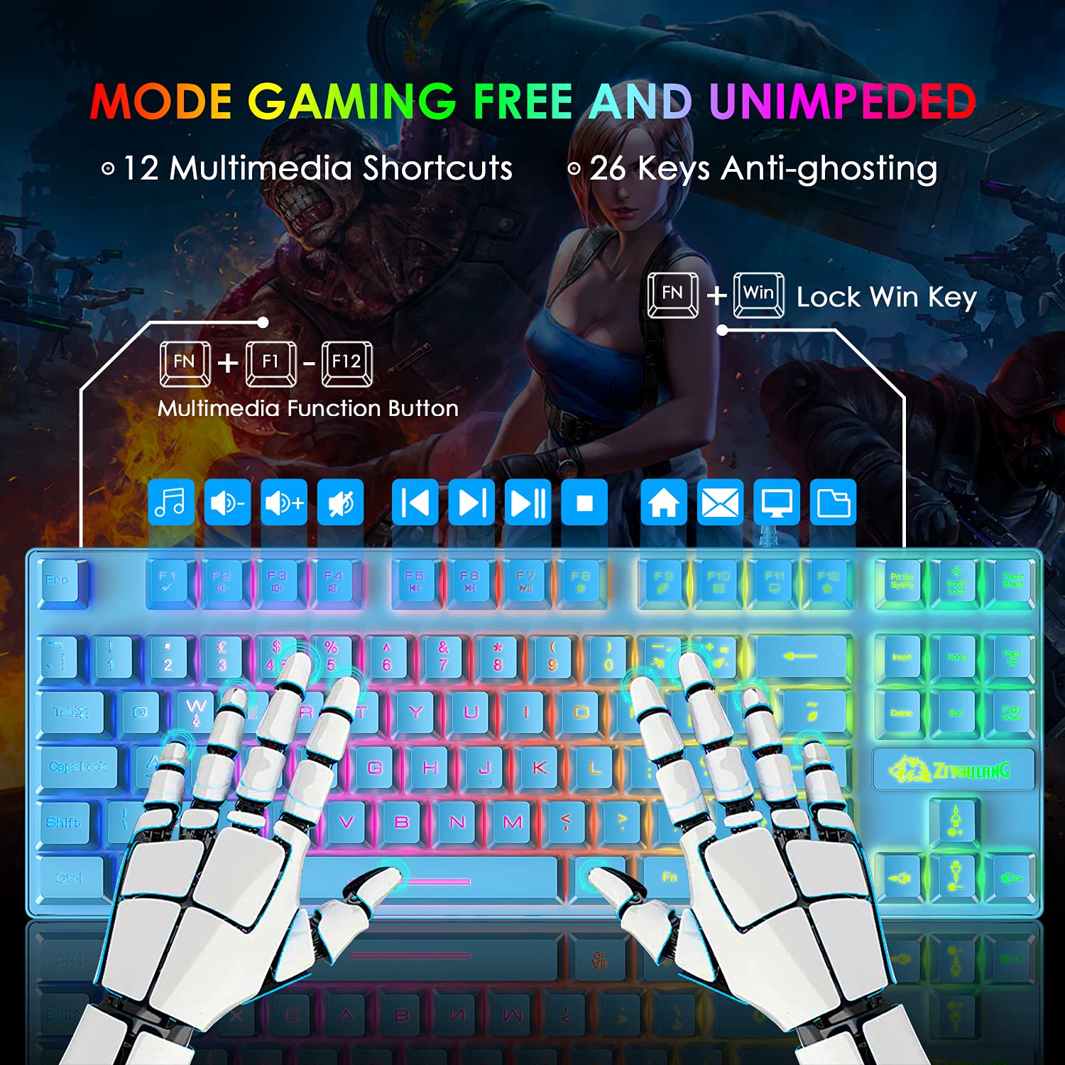 4-in-1 Gaming Keyboard Mouse Combo,88 Keys Compact Rainbow Backlit Mechanical Feel Keyboard,Lightweight Gaming Mouse with Honeycomb Shell,3.5mm Gaming Stereo Headset for PC Laptop Computer