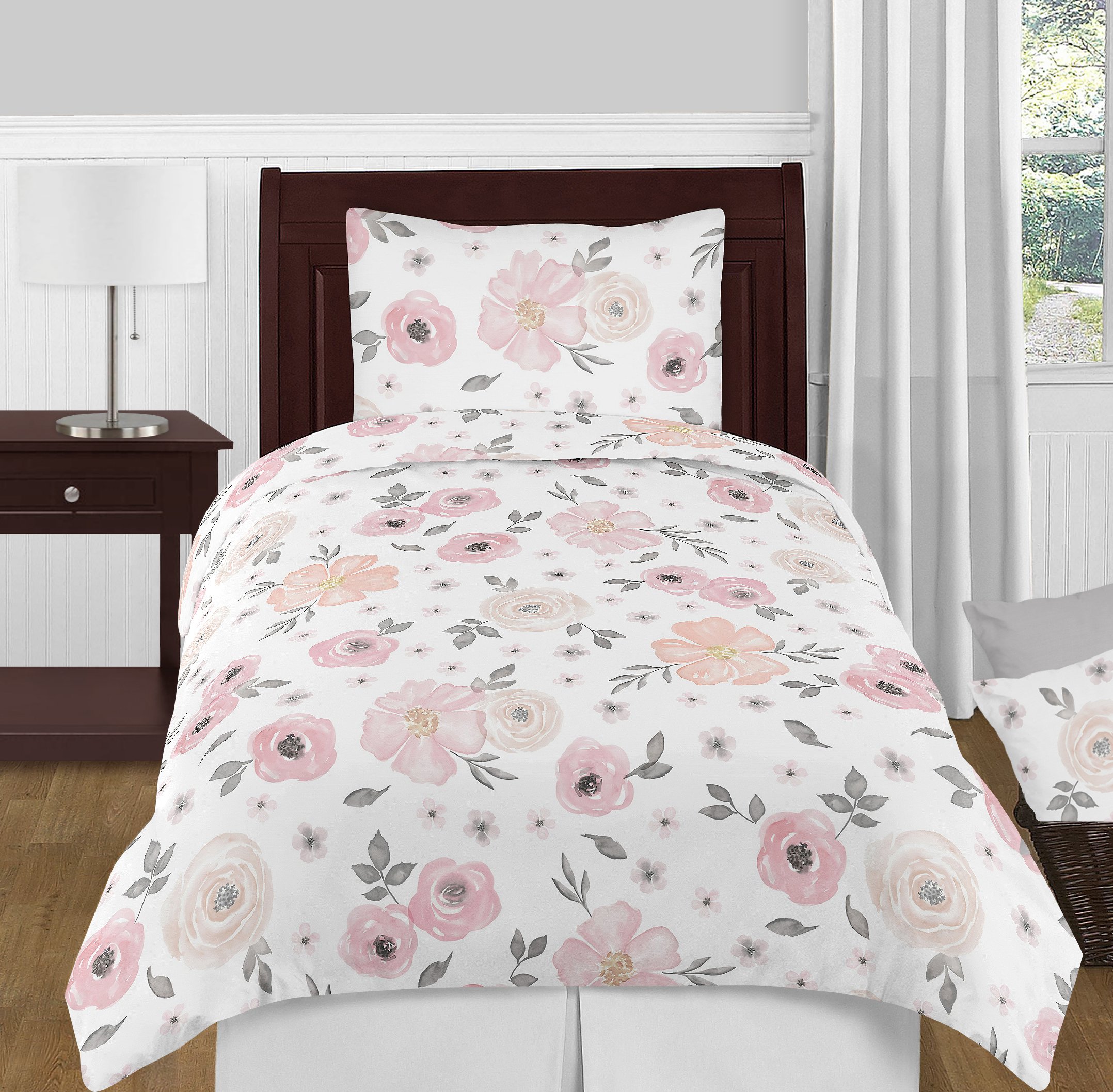 Sweet Jojo Designs Blush Pink, Grey and White Standard Pillow Sham for Watercolor Floral Collection