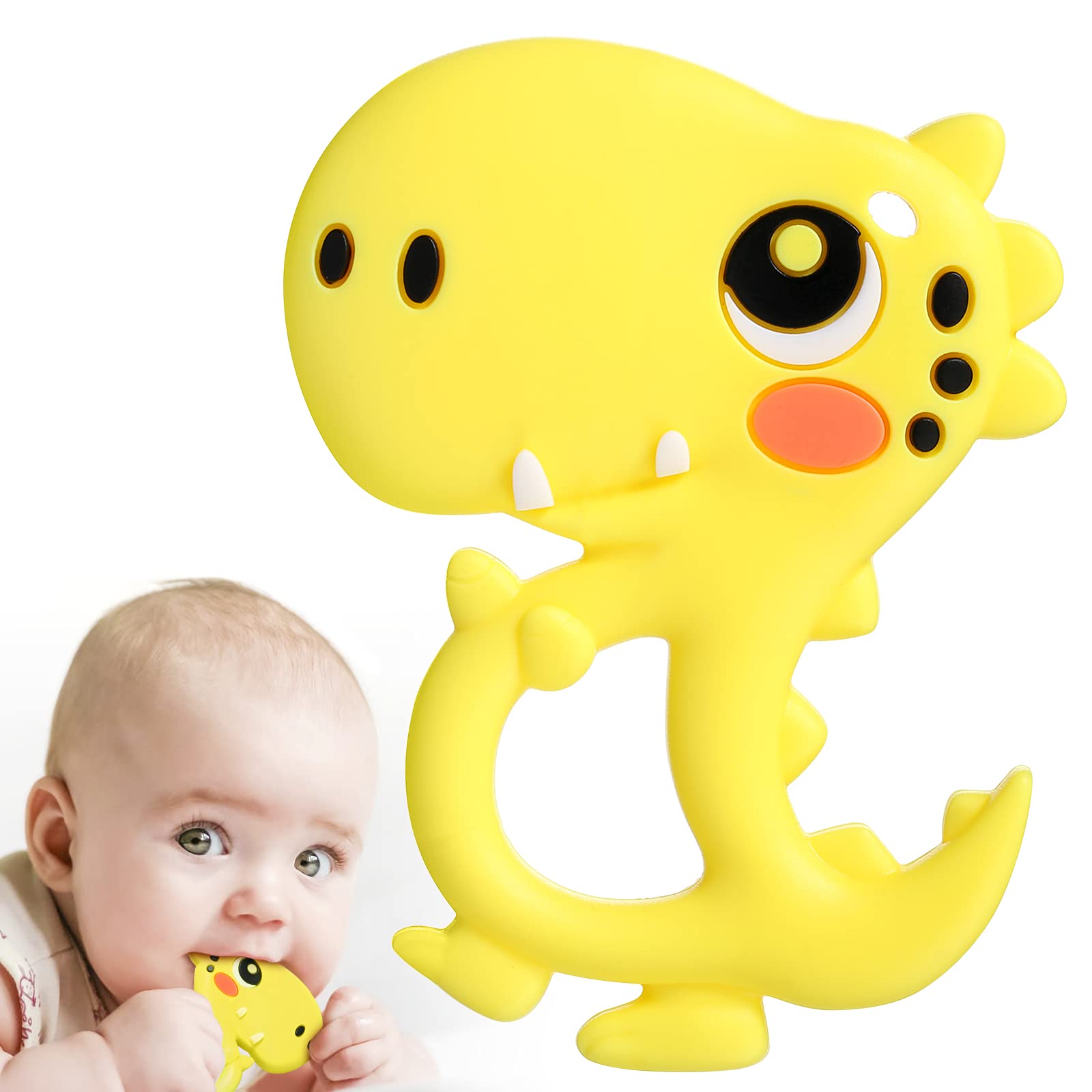 BBBiteMe Baby Teething Toys Silicone Dinosaur Baby Teethers for Babies 0-6, 6-12 Months, BPA-Free Teether Gifts Baby Shower Toy for Toddlers and Infants(Yellow)