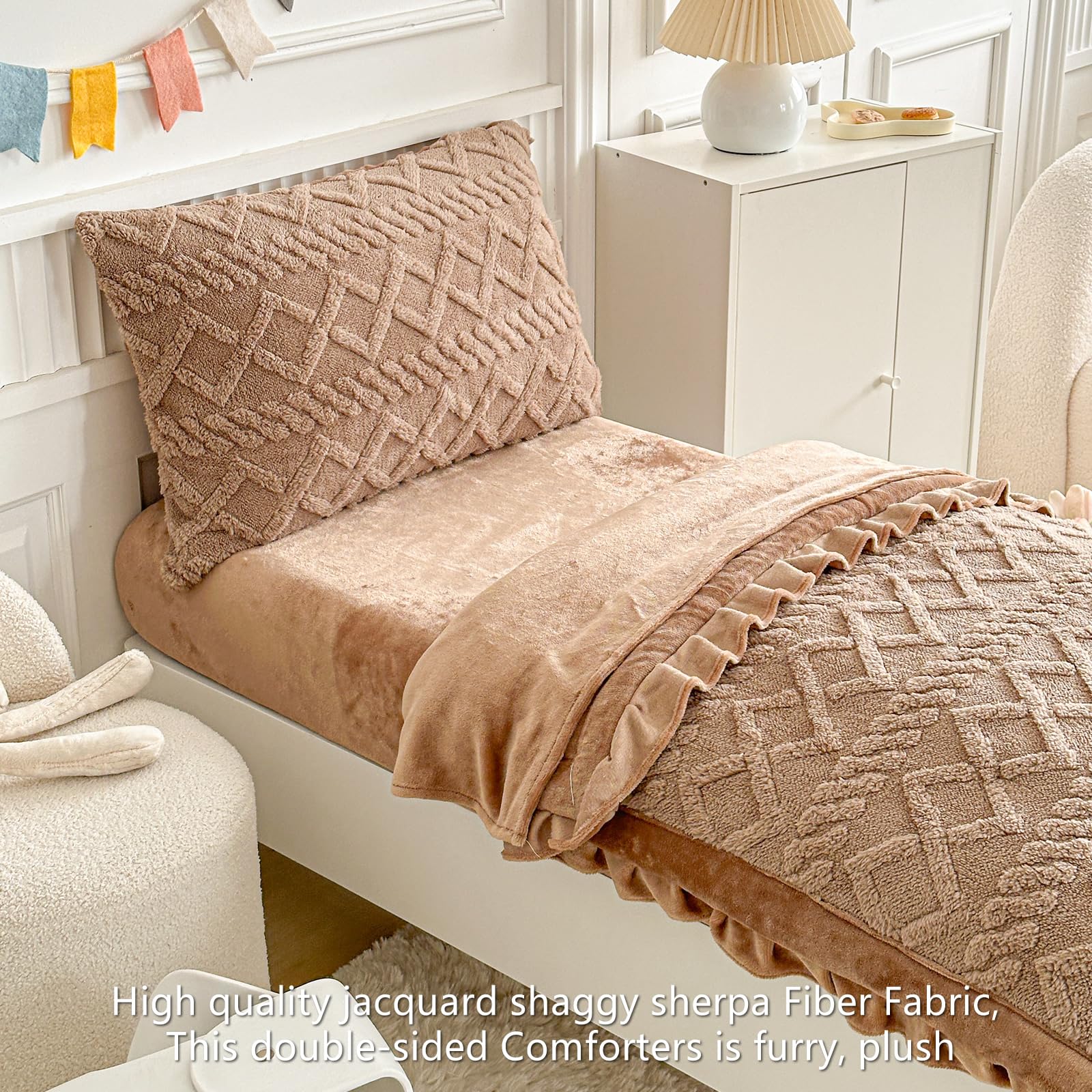 AIKASY Velvet Toddler Bedding Set 4 Piece -Jacquard Plush and Ruffled Fringe Comforter, Flat Sheet, Fitted Sheet and Pillowcase- Suitable for Boys and Girls (Coffee)