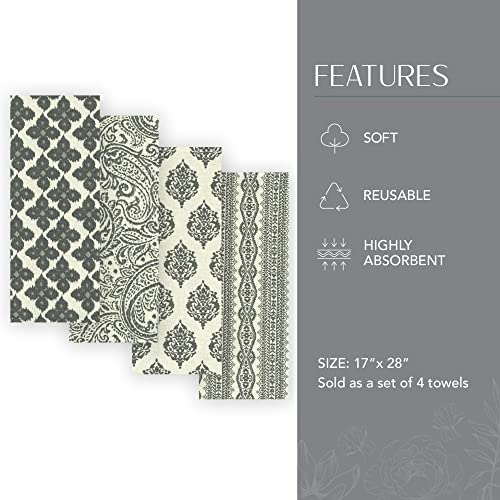 Elrene Home Fashions Everyday Casual Prints Assorted Cotton Fabric Kitchen Towels, Set of 4, 17" x 28", Gray 4 Count