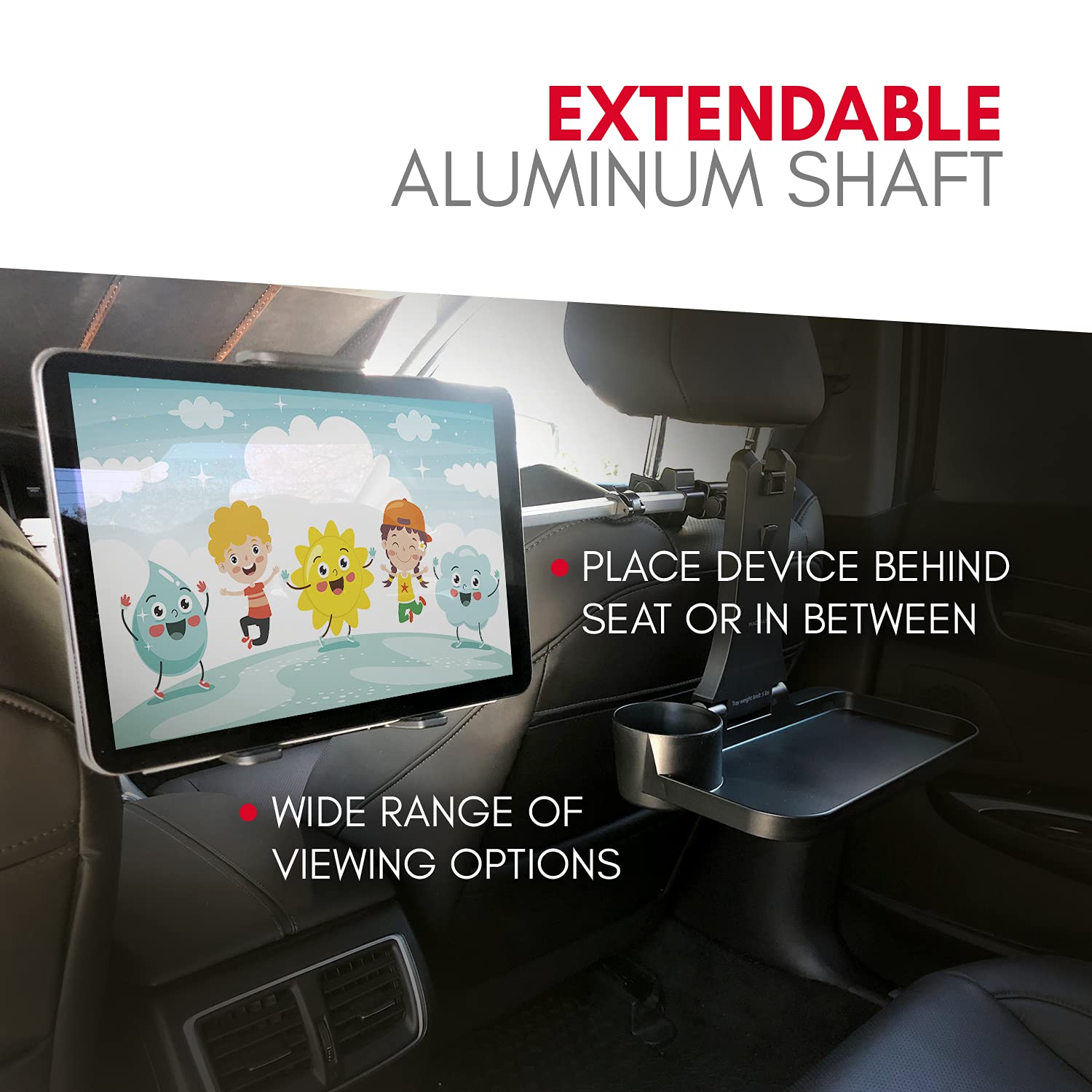 Macally Tablet Mount for Car - iPad Holder with Folding Table Tray - 360 Rotatable - Compatible with Tablets 4.5-10" Wide