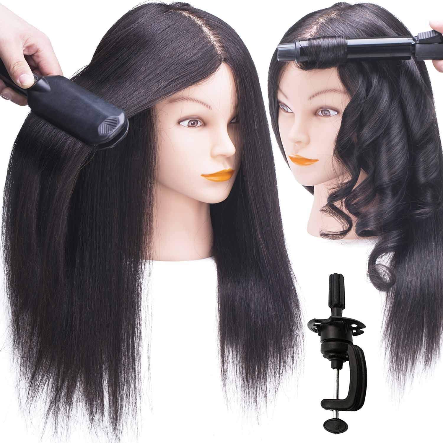 SOPHIRE 100% Real Hair Mannequin Head with Stand, Hairdressers' Practice Training Head and Cosmotology Doll Head for Hairstyling and Braid - Natural Black