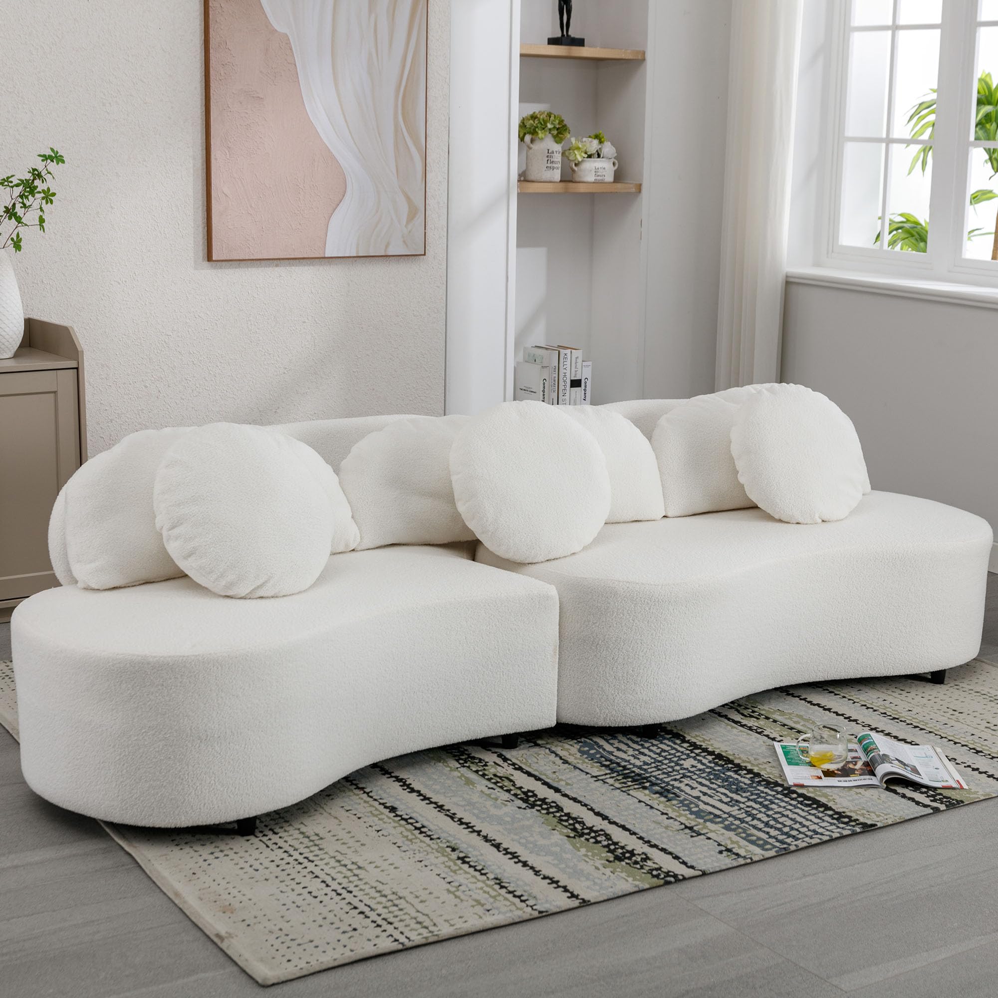 DREAMODERN 103.9" Upholstered Sofa Couch, Modern Lamb Velvet Sectional Curved Couch with 3 Pillows for Living Room, Home or Office - Beige