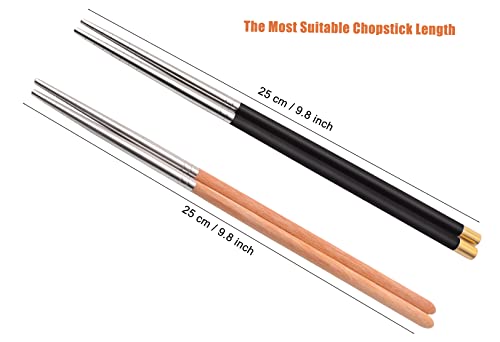 AKONEGE Reusable Chopsticks Wood Splicing Stainless Steel Chopsticks Metal Chopstick Lengthen Japanese Korean Chop Sticks 5 Pairs Gift Set, 9.8 inch